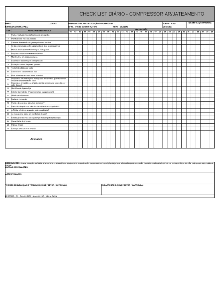 19 - Check List Diario - Compressor Ar Jateamento | PDF | Bens ...