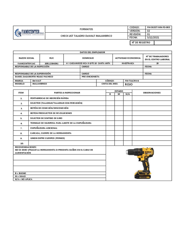 Check List Taladro Inalámbrico DeWALT | PDF