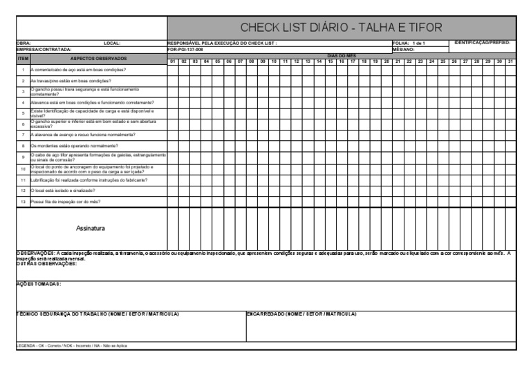 22 - Check List Diario - Talha e Tifor. | PDF