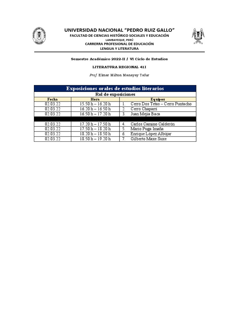 Rol Exposiciones Orales Literatura Regional 41I Ok | PDF | Ciencias sociales