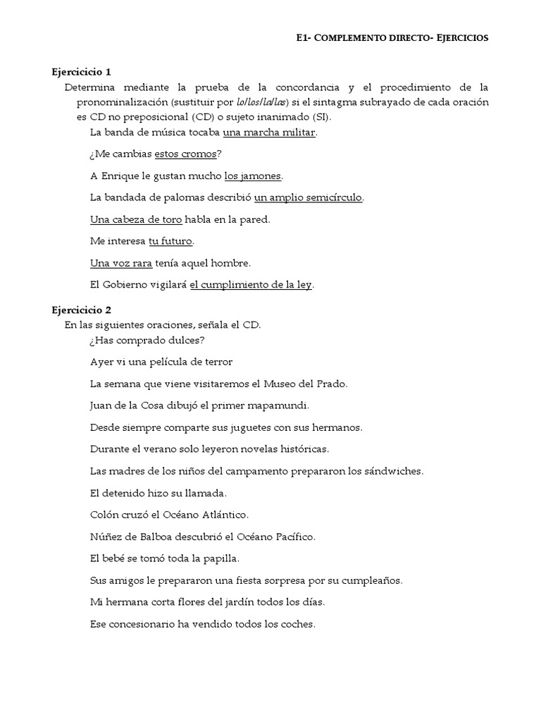 Análisis de complementos directos en oraciones: identificación y señalamiento | PDF