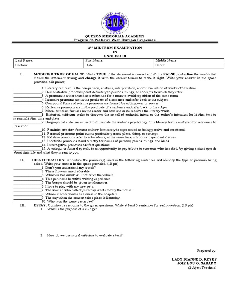 English 10 3rd Midterm Exam | PDF | Pronoun | Subject (Grammar)