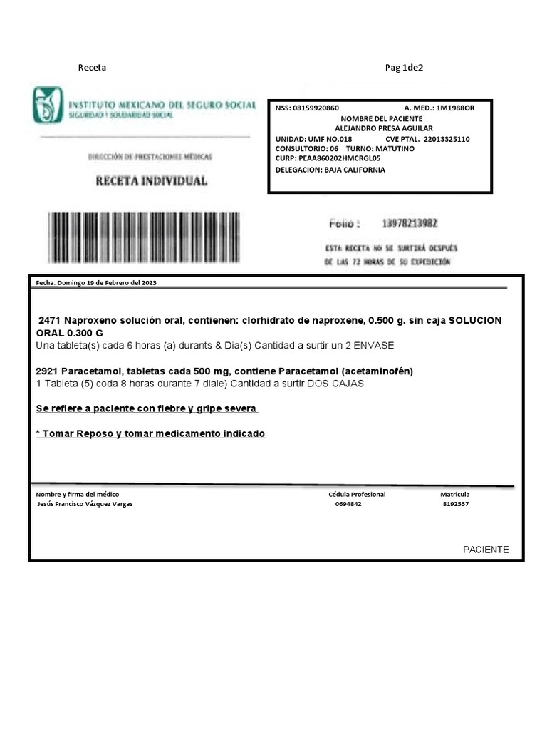 Alejandro Presa Aguilar Receta Imss | PDF