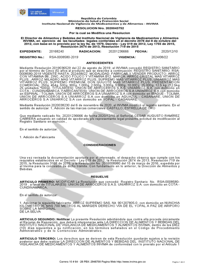 Registro Sanitario Invima RSA 00085802019 - 20 Agosto 2019 | PDF ...