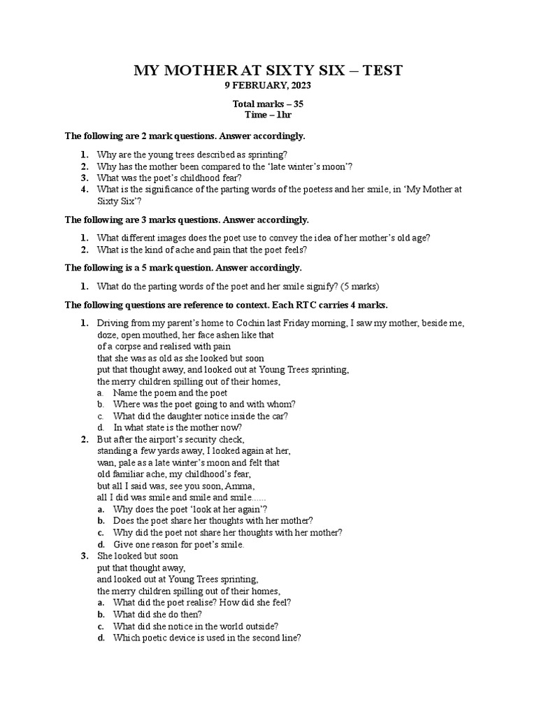My Mother at Sixty Six Test | PDF