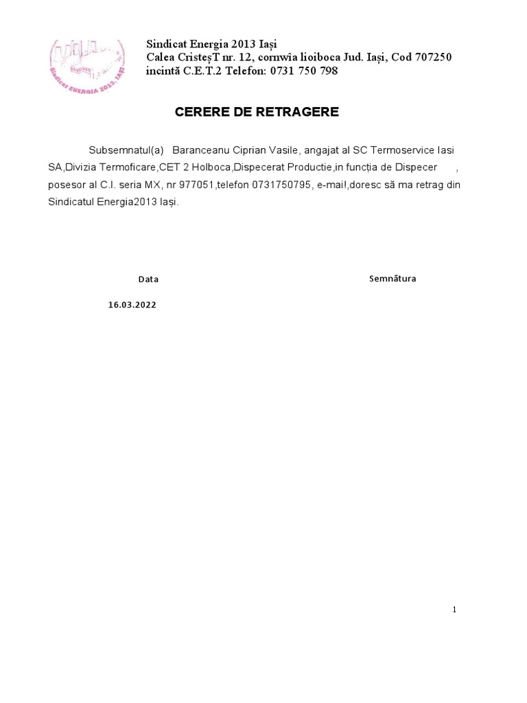 Cerere Retragere Sindicat | PDF