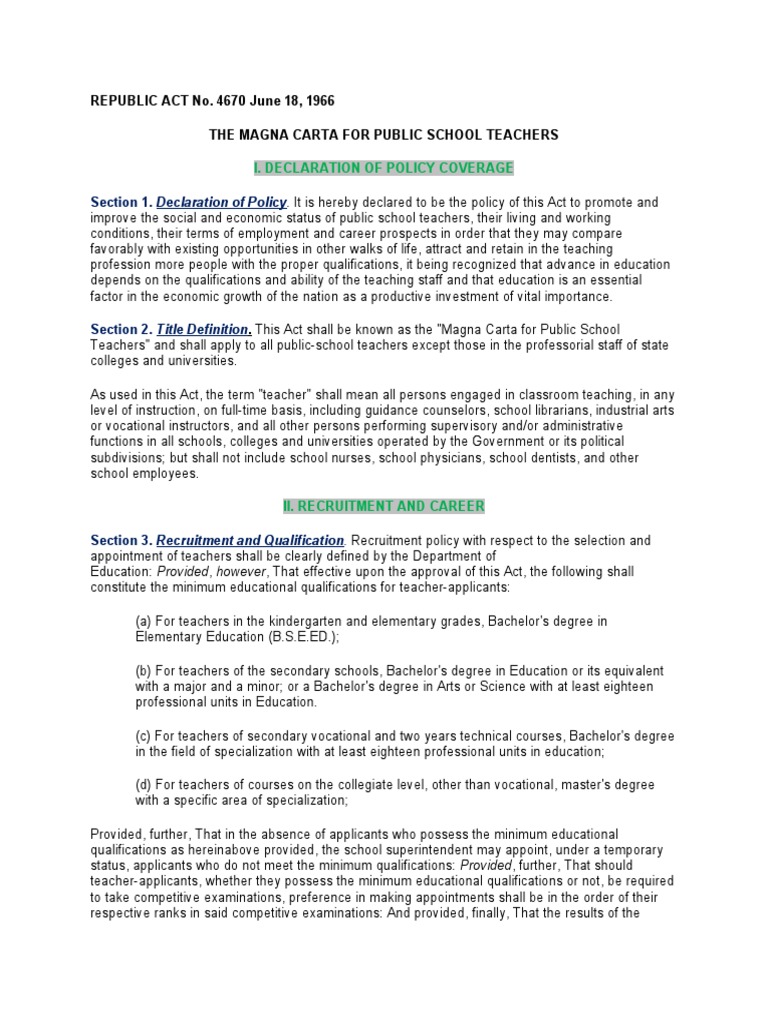 Ra 4670 Magna Carta For Public School Teachers | PDF | Cost Of Living ...
