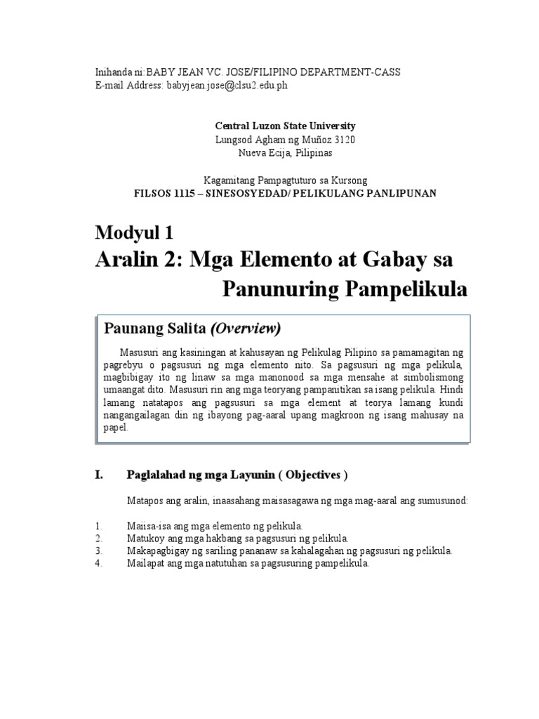 Modyul 1 Aralin 2 Mga Elemento at Gabay Sa Panunuring Pampelikula | PDF