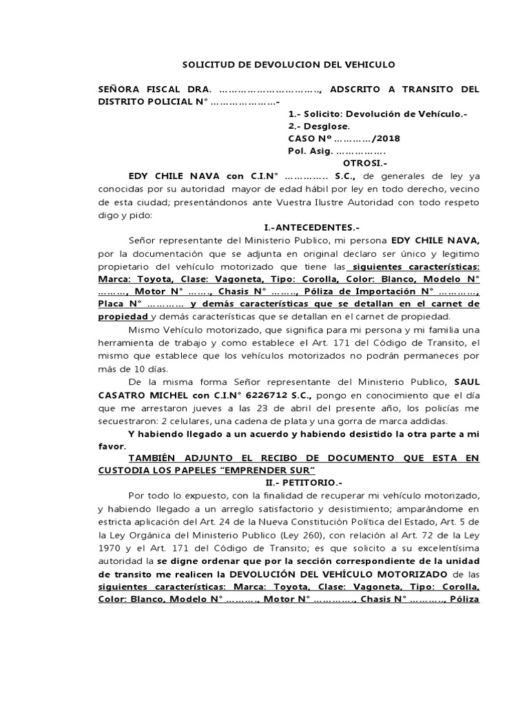 Solicitud de Devolucion Del Vehiculo | PDF
