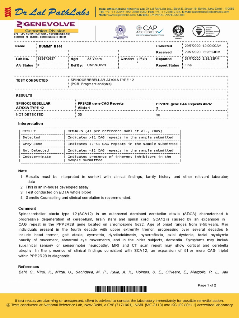 LPL National Reference Lab Report SCA12 Gene Analysis | PDF | Neurological Disorders | Nervous ...