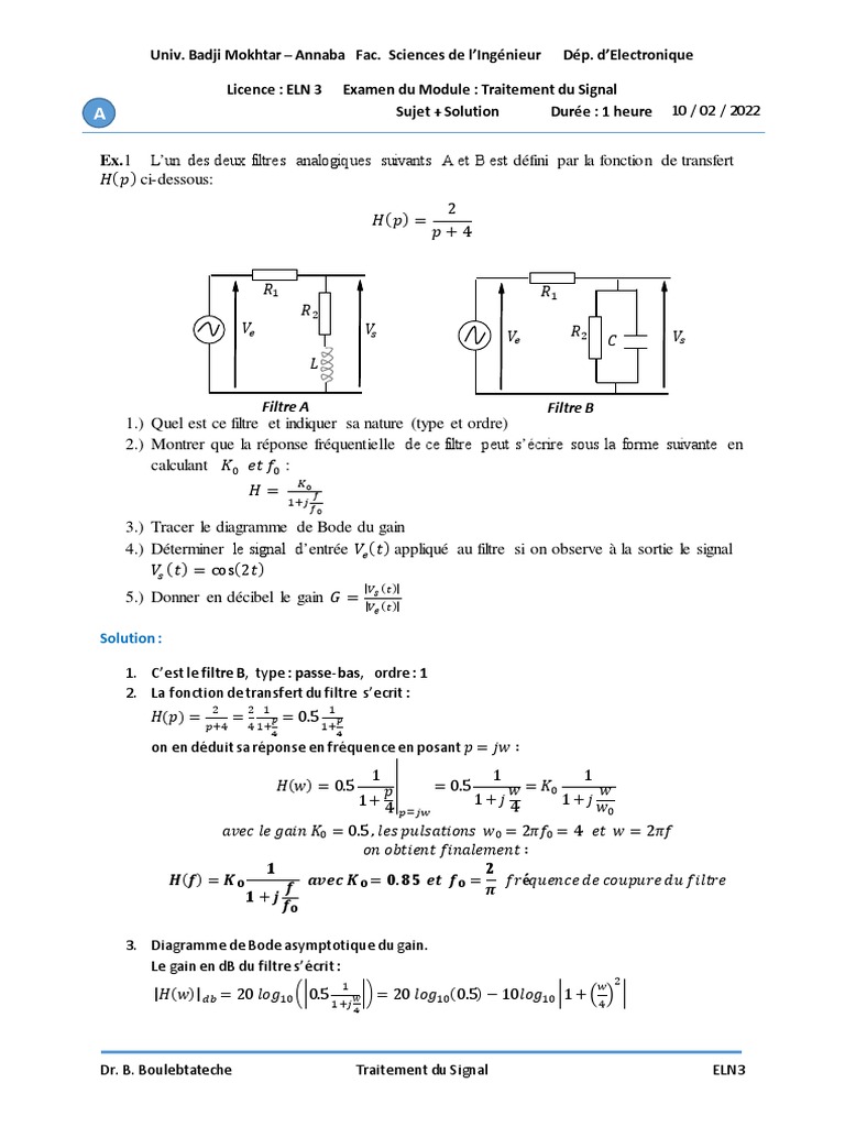 Examen Traitement du Signal ELN3 | PDF | Filtre (électronique) | Filtre ...