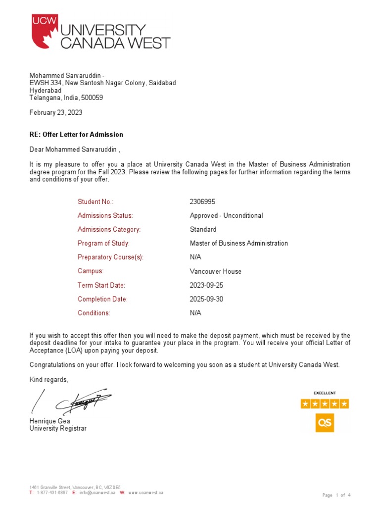 Admissions Offer Letter | PDF | Fee | Wire Transfer