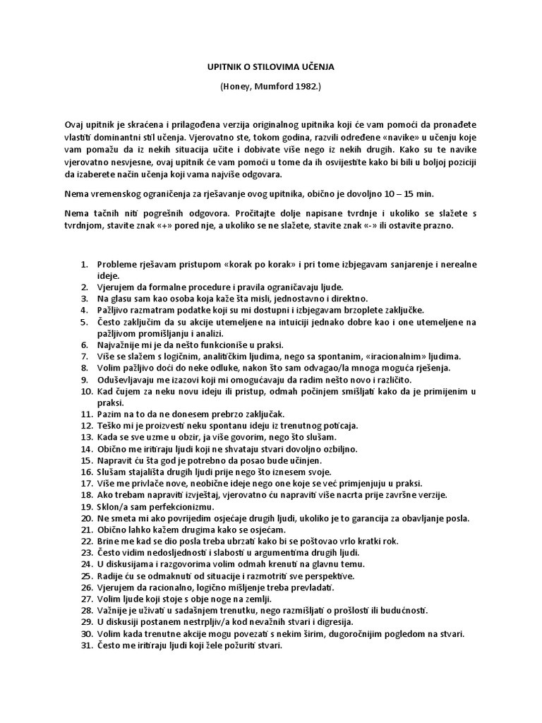 Upitnik Stilova Ucenja | PDF