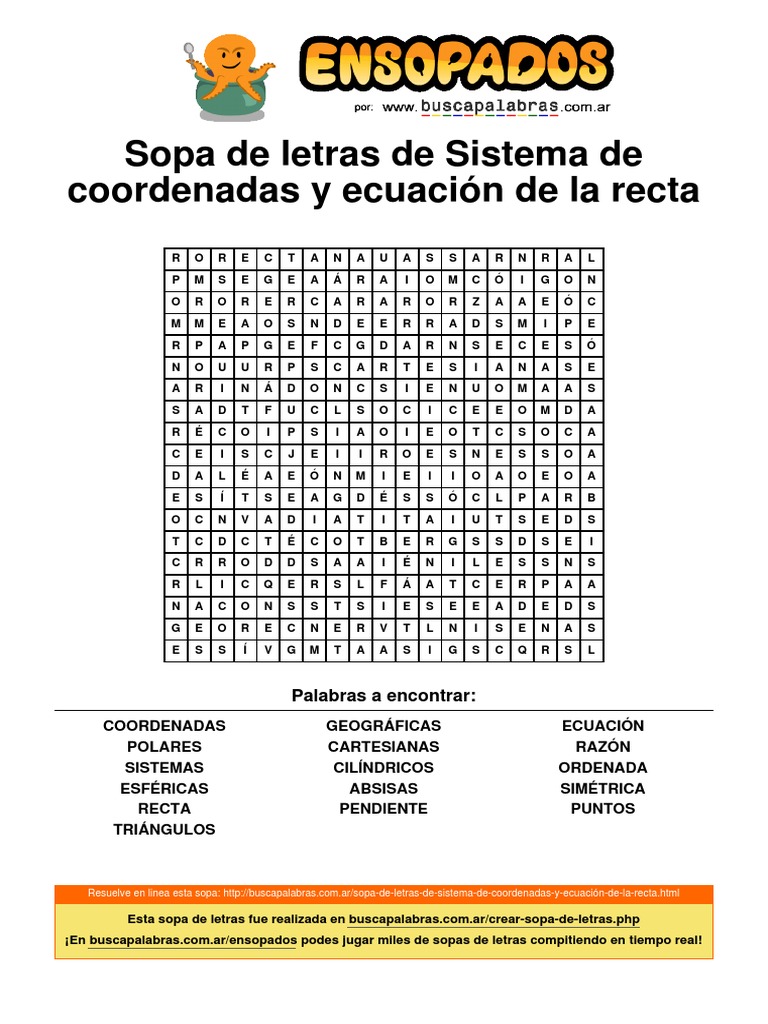 Sopa de Letras de Sistema de Coordenadas y Ecuación de La Recta | PDF