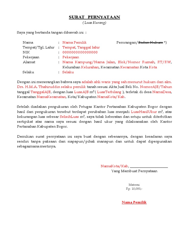 Surat Pernyataan oleh Pemohon untuk terima luas kurang dari Akta Jual Beli (AJB) | PDF