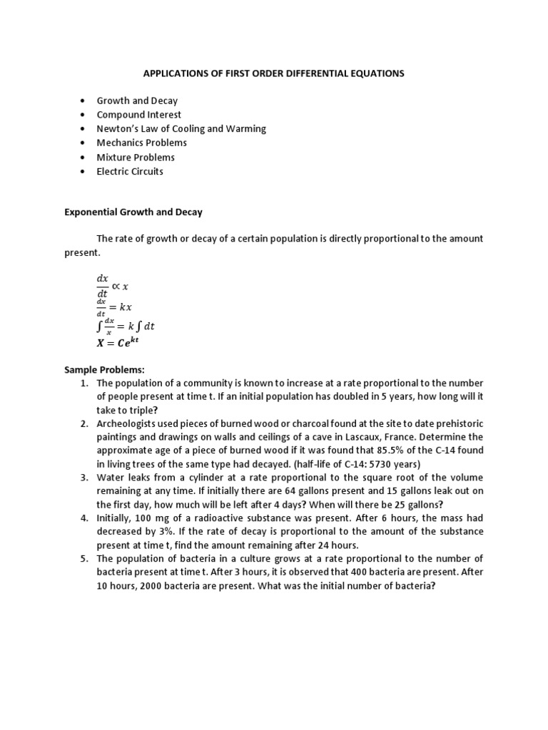 Applications Of The First Order Differential Equations Pdf