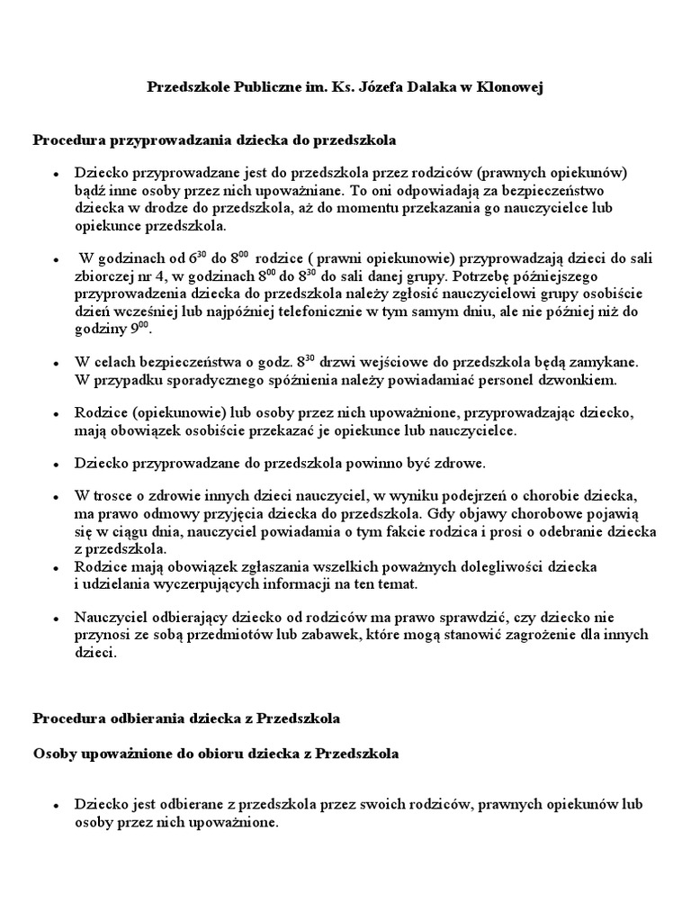 Procedura Przyprowadzania Dziecka Do Przedszkola | PDF