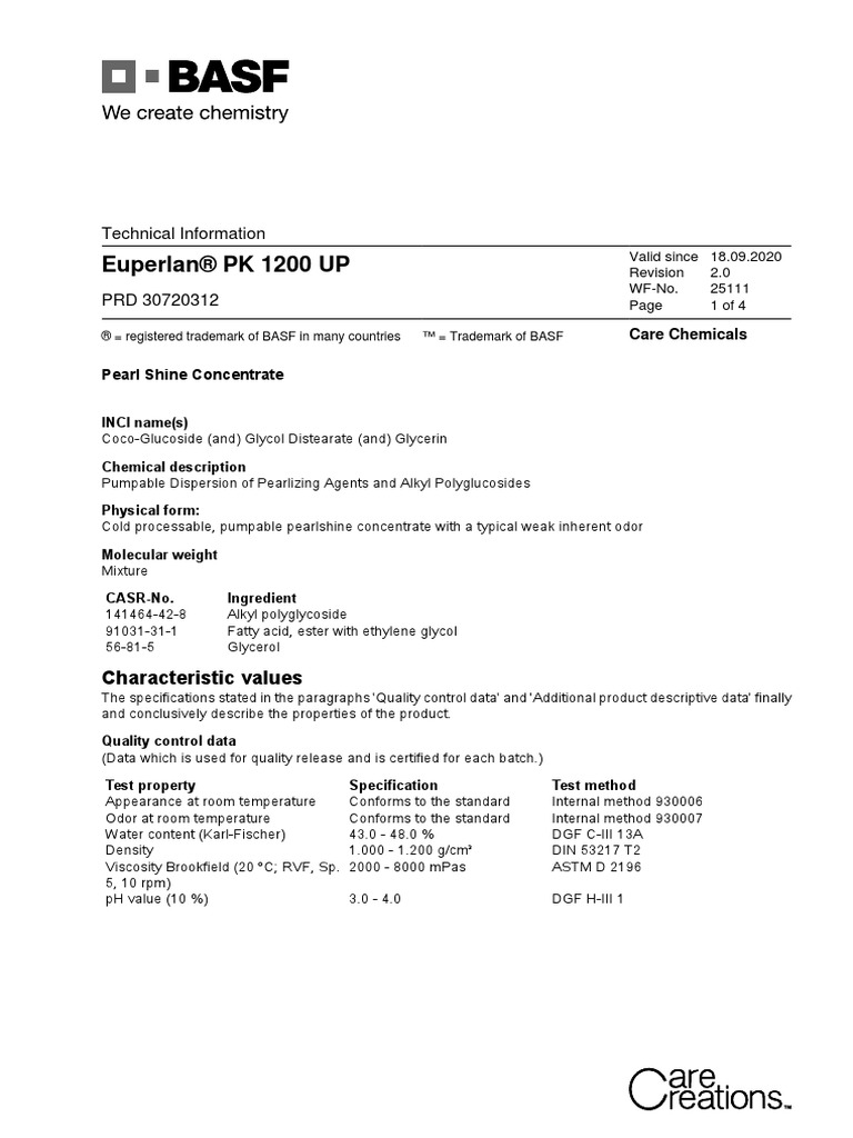 TDS Euperlan PK 1200 UP | PDF | Solubility | Glycerol