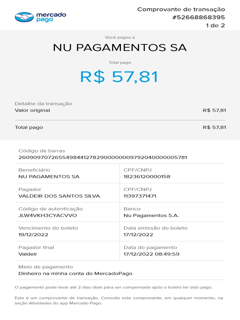 Comprovante de pagamento de boleto no valor de R$ 57,81 emitido pela NU PAGAMENTOS SA e pago ...