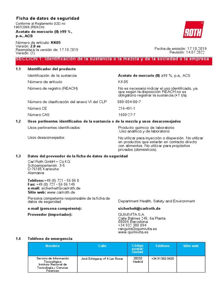 Ficha Tecnica y Hoja de Datos de Seguridad de Acetato de Mercurio | PDF | Mercurio (Elemento ...