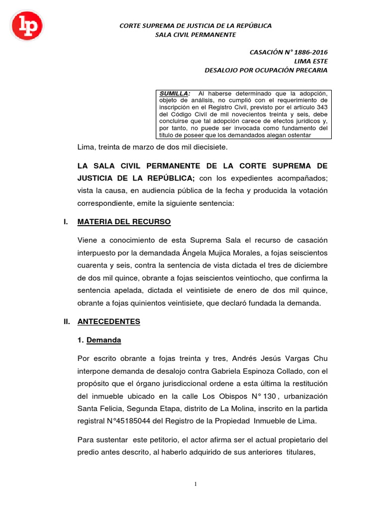 Casación N°1886 2016 Lima Este LP | PDF | Adopción | Judicaturas Casación N°1886 2016 Lima Este LP | PDF | Adopción | Judicaturas