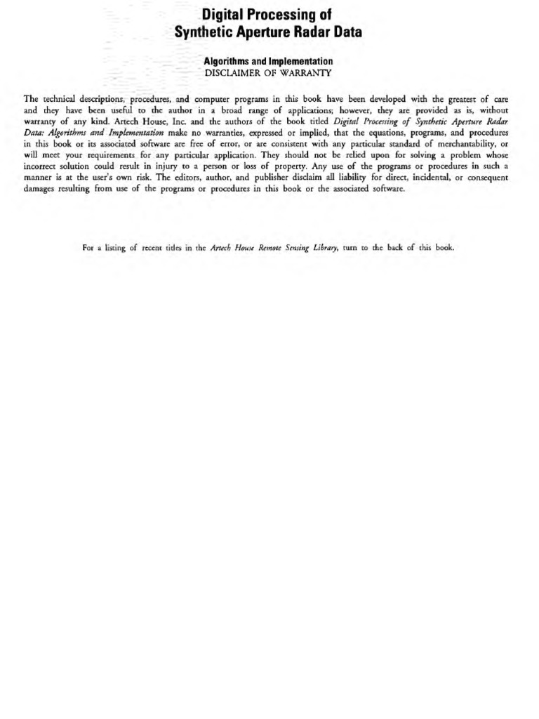 Digital Processing Of Synthetic Aperture Radar Data Algorithms And Implementation Pdf Radar
