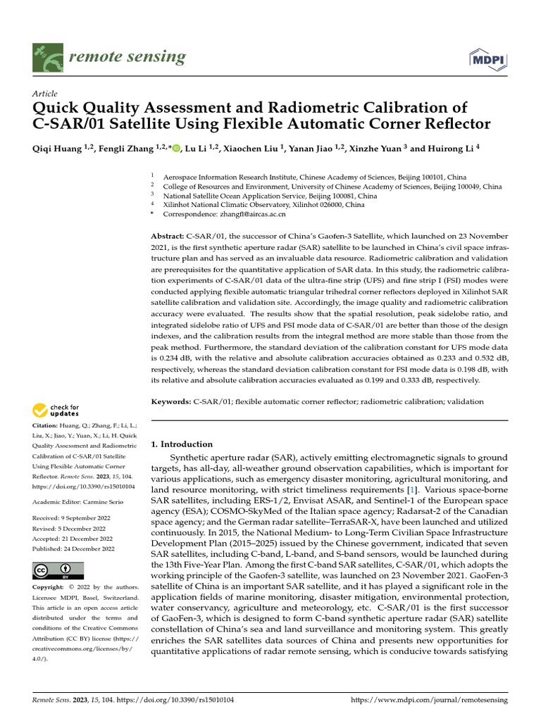 Quick Quality Assessment and Radiometric Calibration of C-SAR/01 ...