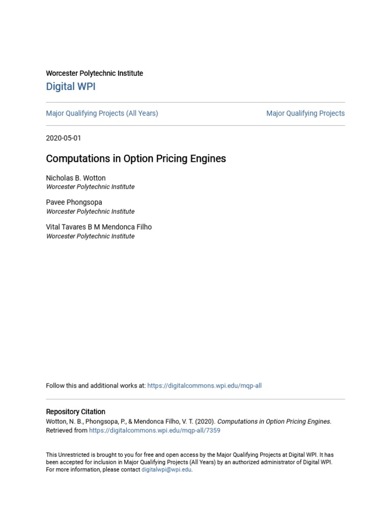 Computations in Option Pricing Engines 2020 | PDF | Option (Finance ...