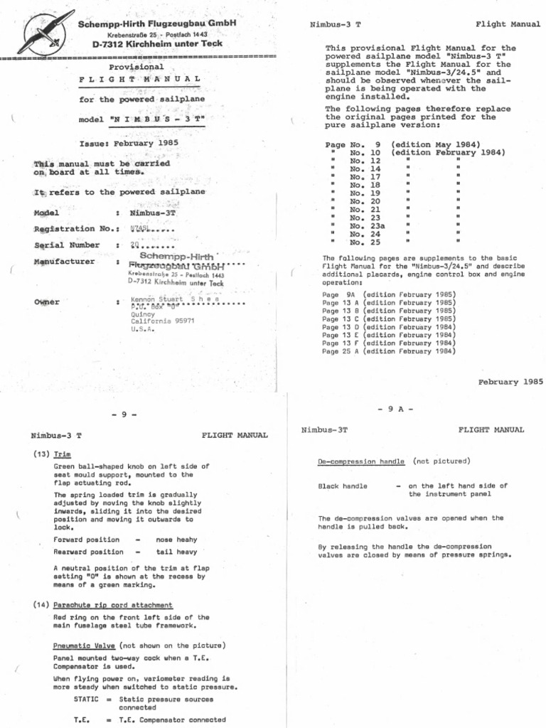 Nimbus 3T Flight Manual - Text | PDF | Gliding | Aerospace