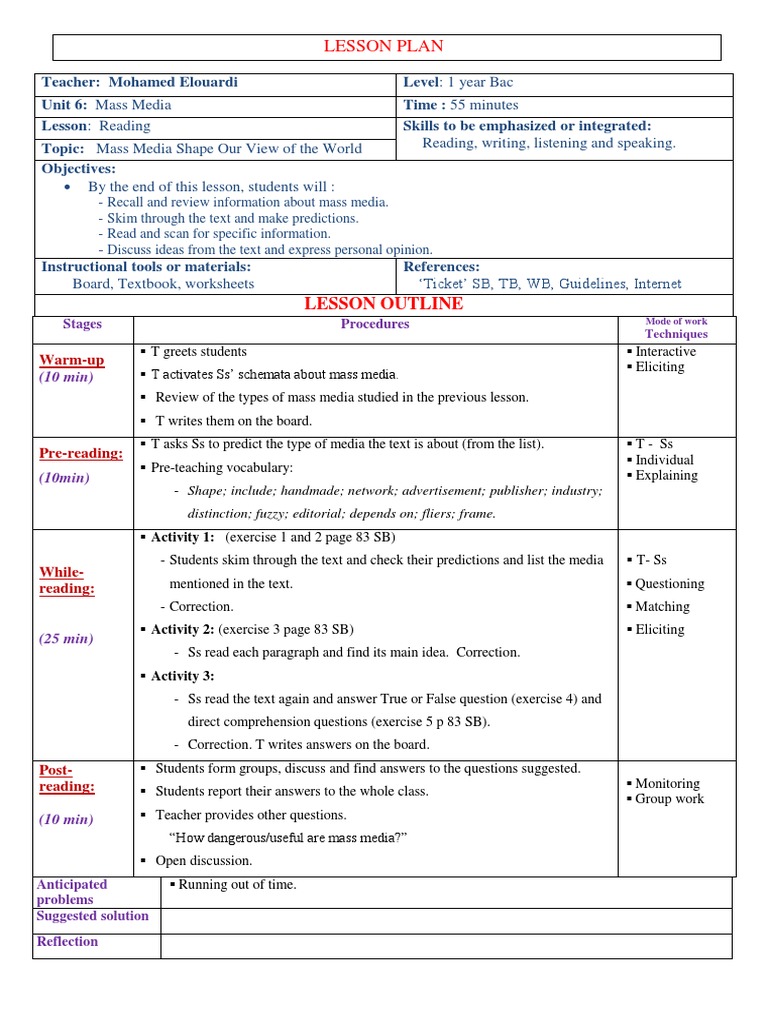 Mass Media Lesson Plan | PDF | Reading Comprehension | Behavior Modification