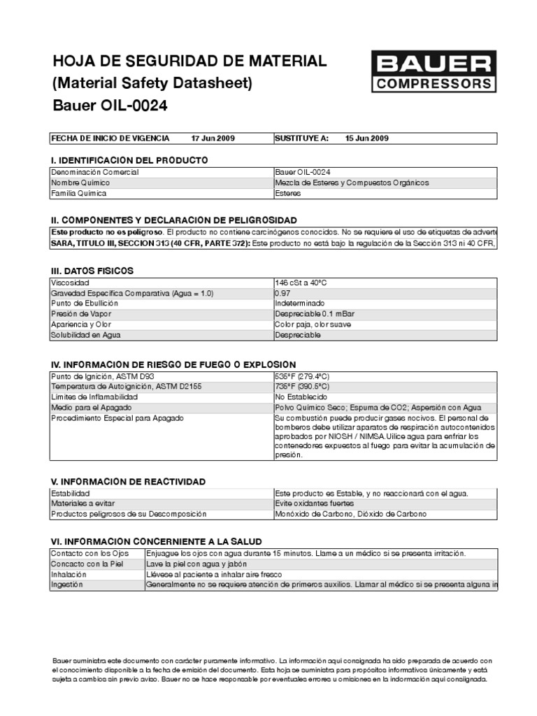 Hoja de Seguridad Bauer OIL-0024 | PDF | Agua | Combustión