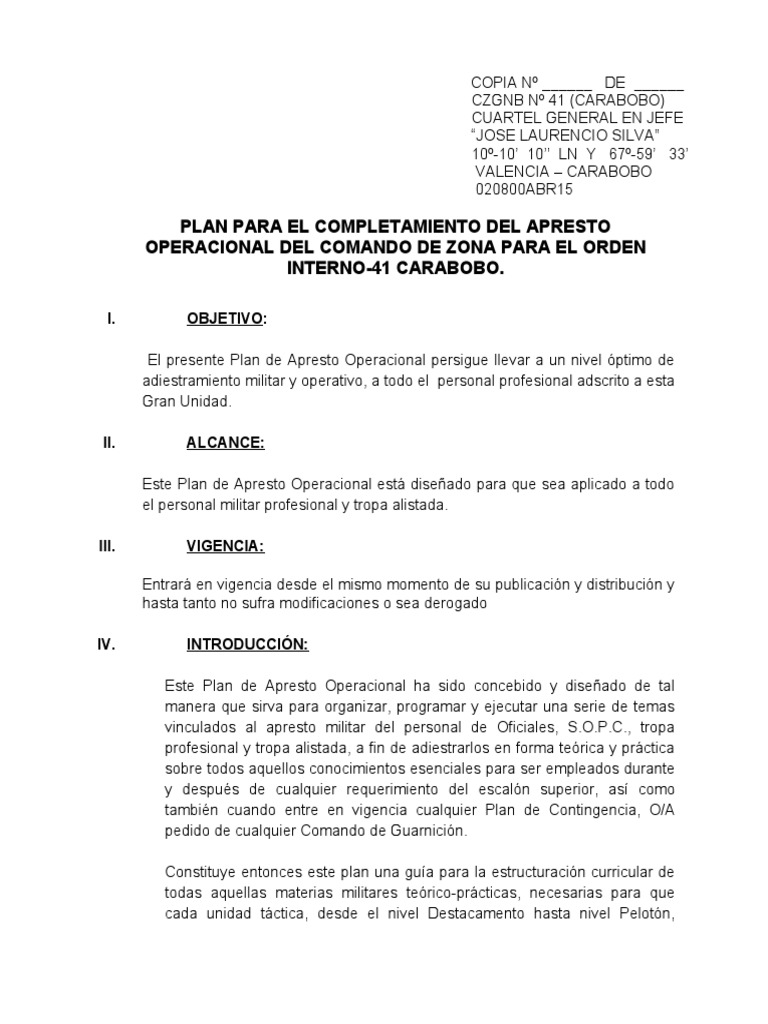Plan para El Completamiento Del Apresto Operacional (Ejercicio de Comando) | PDF