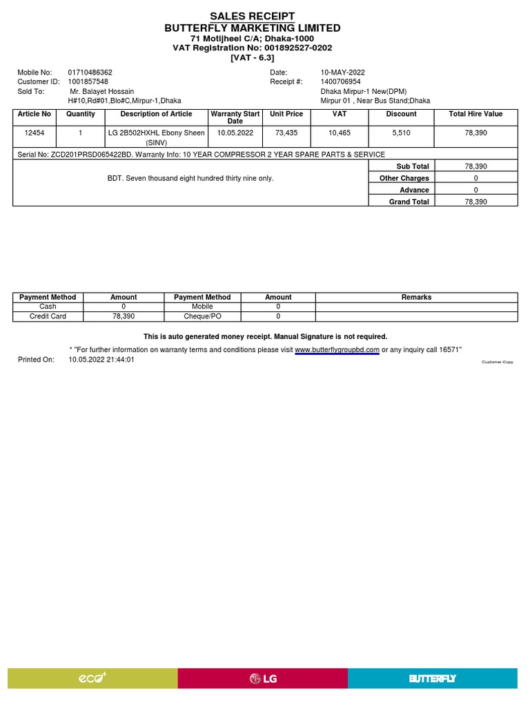 LG Refrigerator Purchase Receipt: Customer Receipt Detailing the ...