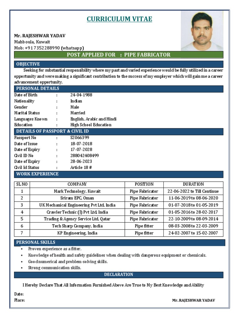 A Pipe Fabricator Seeking New Opportunities: Curriculum Vitae of ...
