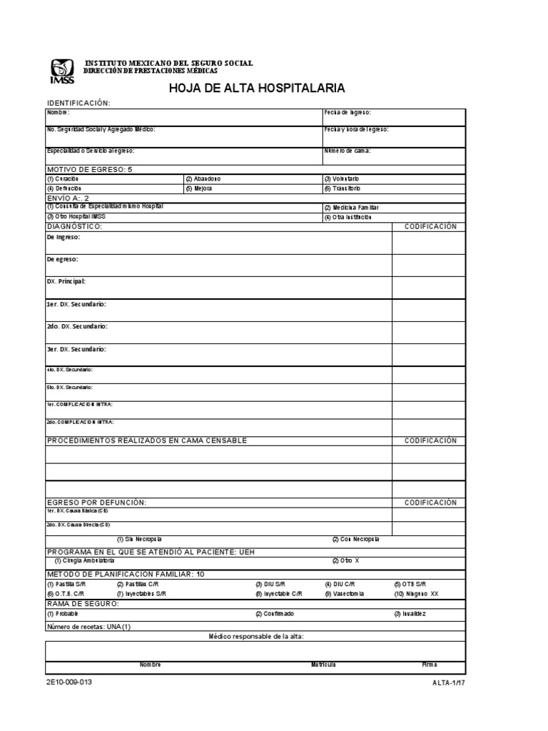 Hoja de Alta Hospitalaria IMSS | PDF