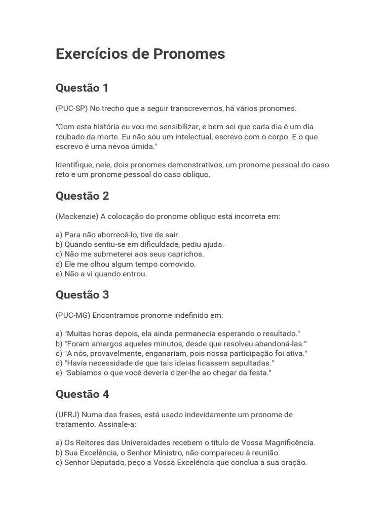 Exercícios de Pronomes | PDF | Pronome | Assunto (gramática)