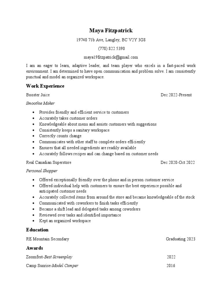 Maya Fitzpatrick Resume 2023 | PDF