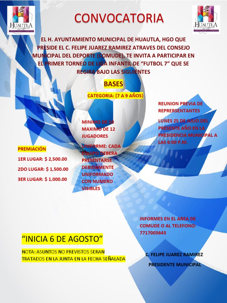 Convocatoria para el Primer Torneo de Liga Infantil de Fútbol 7 en Huautla, Hgo para categorías ...