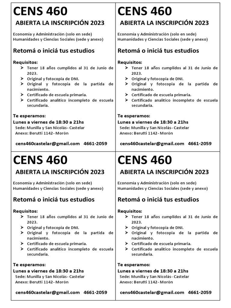 CENS 460 - Inscripciones 2023 | PDF