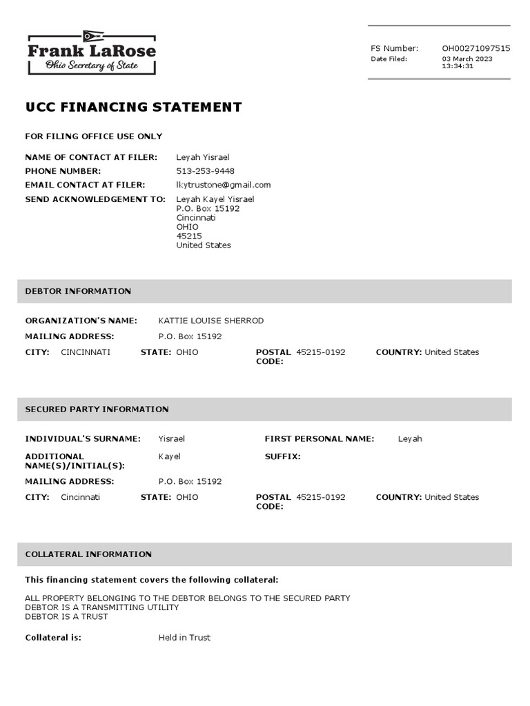 Leyah Yisrael Ucc Financing Statement | PDF