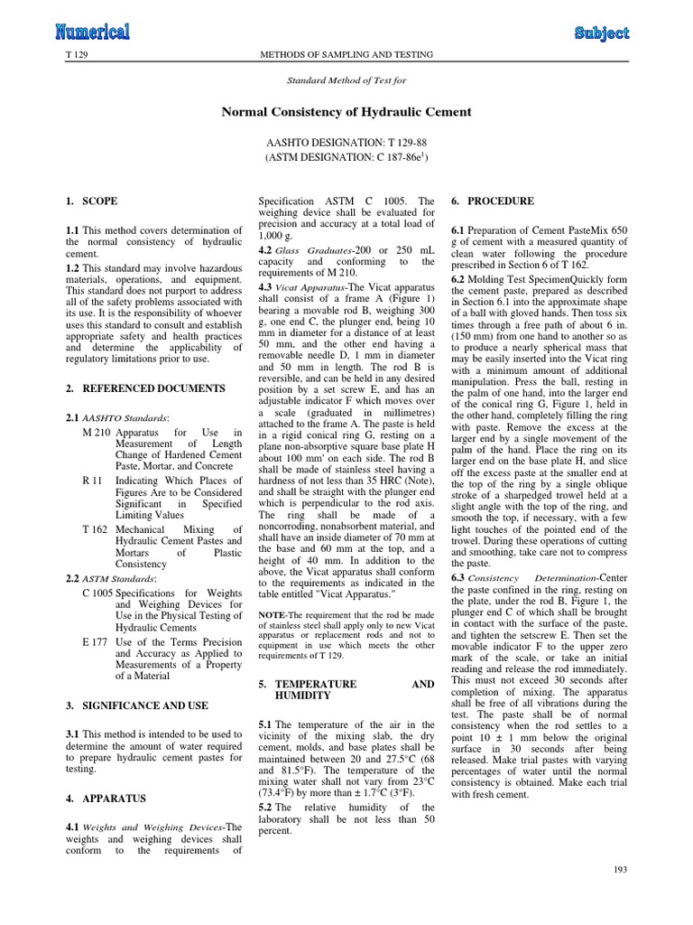 Normal Consistency of Hydraulic Cement: Standard Method of Test For ...