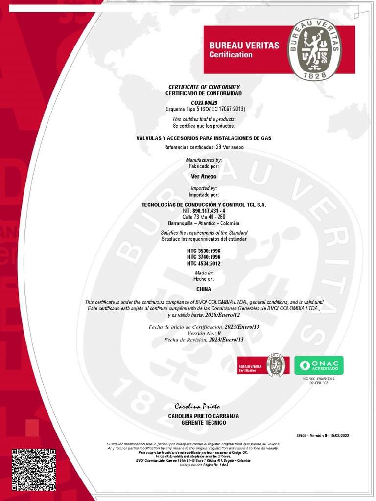 Certificado de Conformidad y Anexo-Válvulas y Elevadores | PDF