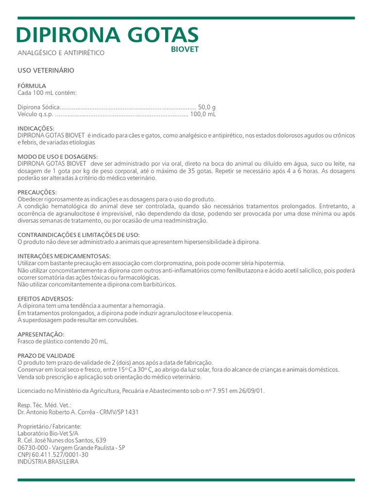 Bula Dipirona Gotas 20ml Biovet | PDF | Remédio | Especialidades médicas