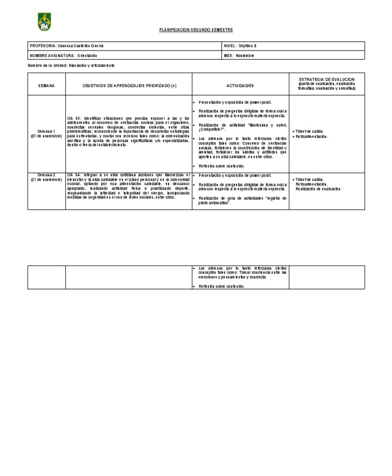 Planificación Mes de Noviembre 7°B Orientación. | PDF | Evaluación ...