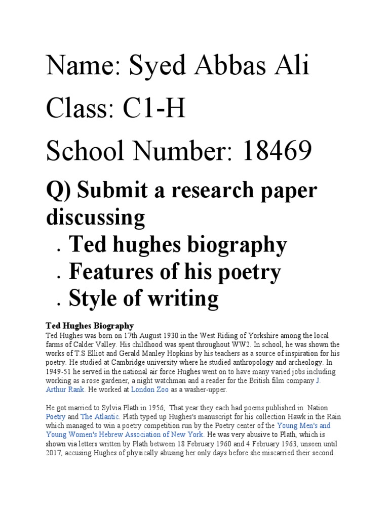 Research Paper On Ted Hughes Writing | PDF