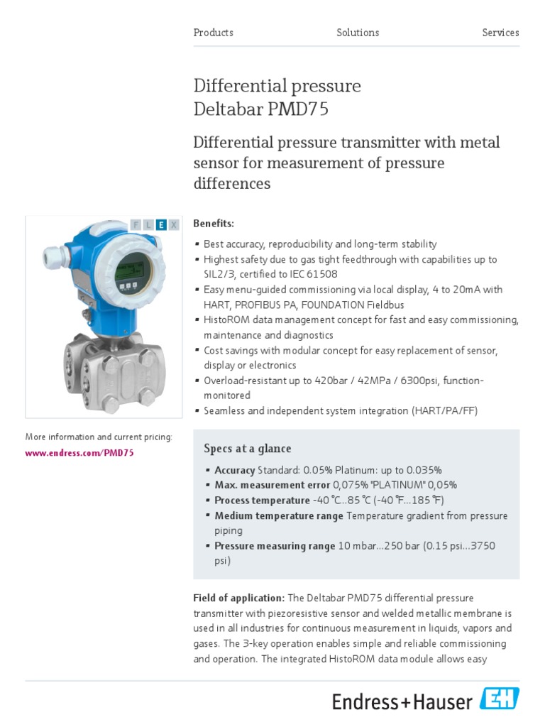 Endress-Hauser Deltabar S PMD75 EN | PDF | Pressure Measurement | Pressure