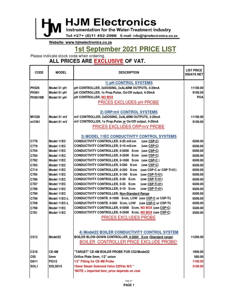 HJM Electronics September 2021 Price List for pH, ORP, Conductivity ...