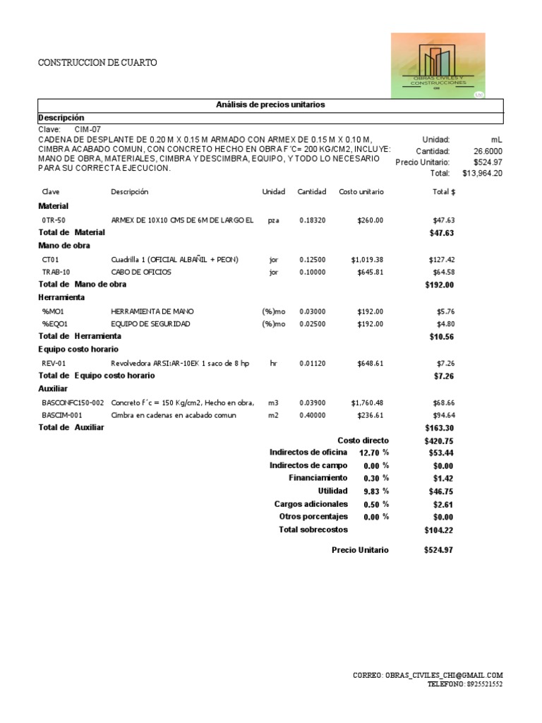 Precios Unitarios | Descargar gratis PDF | Ingeniería estructural | Cemento
