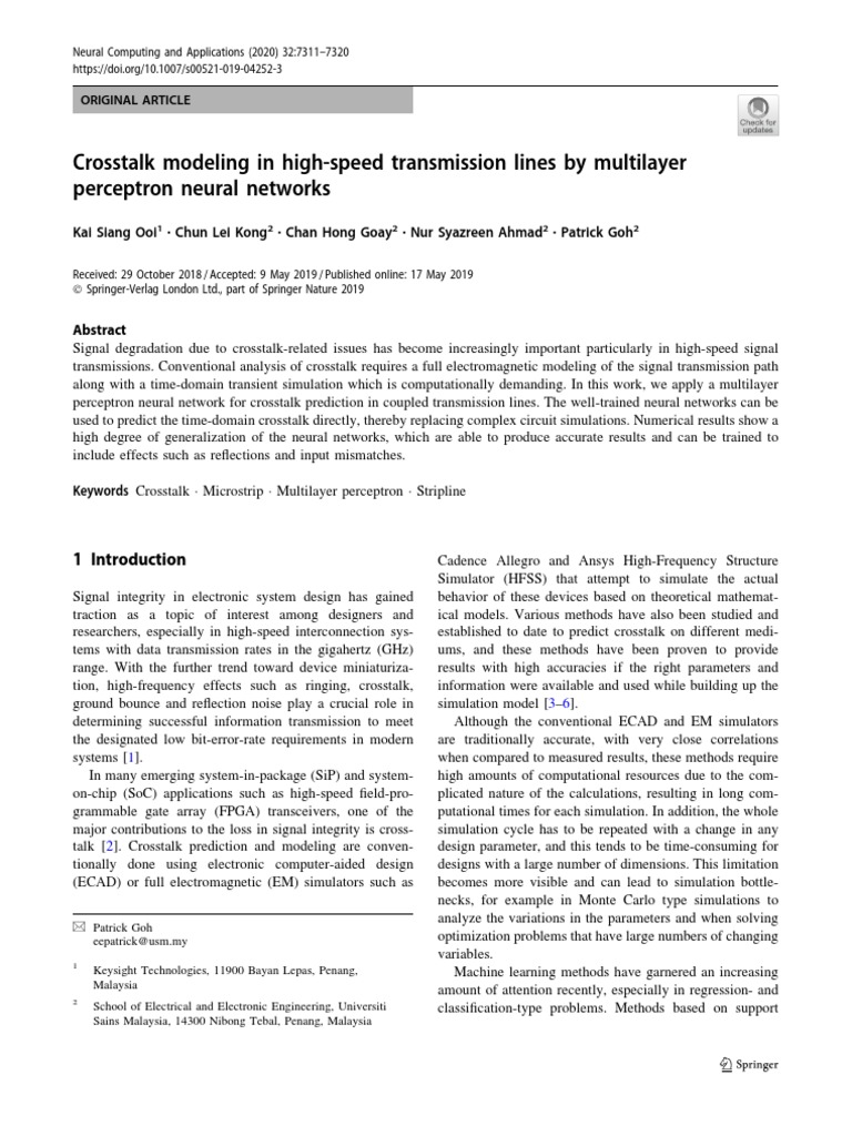 Crosstalk Modeling In High Speed Transmission Lines By Multilayer Perceptron Neural Networks