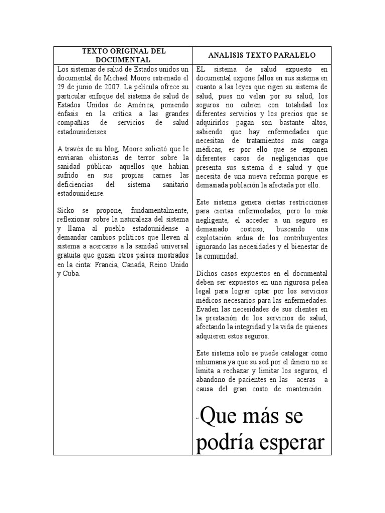 El Documental "Sicko" (Michael Moore, 2007) SISTEMA DE SALUD | PDF
